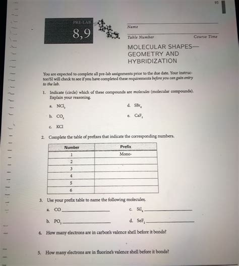Solved Pre Lab Name Table Number Course Time Molecular