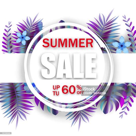 여름 판매 배너 템플릿 광고 홍보 판매 꽃 배너 추세 홀로그램 열대 식물 잎 배경 이국적인 디자인 열대 배경 계절별 디자인프로모션 배지 벡터 일러스트레이션 개성 개념에 대한
