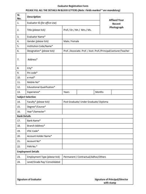 Evaluator Registration Form Format Pdf
