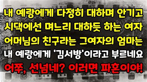 [예신vs여사친] 내 예랑에게 다정히 대하며 안기고 시댁에선 며느리 대하는 하는 여자 어머님의 친구라는 그 여자의 엄마는 내 예랑에게 김서방이라고 부르네요 이러면