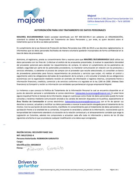 Autorización Tratamiento De Datos Majorel Pdf