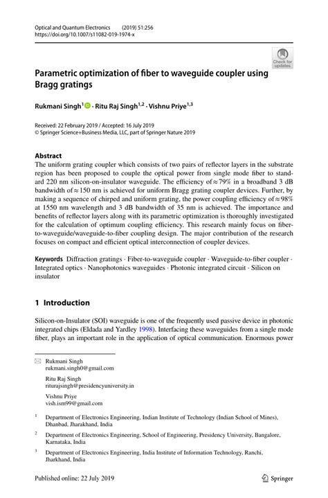 Pdf Parametric Optimization Of Fiber To Waveguide Coupler Using Bragg