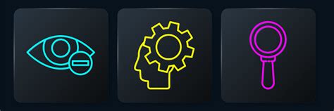 세트 라인 적목 효과 돋보기 및 내부에 기어가있는 인간의 머리 검은 색 사각형 버튼 벡터 렌즈 광학 기기에 대한 스톡 벡터 아트