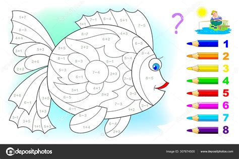 아이들을위한 덧셈과 뺄셈에 예제를 해결하고 물고기를 페인트합니다 어린이 교과서인쇄 워크시트 스톡 벡터 ©nataljacernecka 307674500