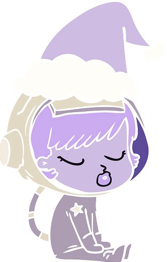 산타 모자를 쓰고 기다리고 있는 예쁜 우주비행사 소녀의 손으로 그린 평면 컬러 그림 귀여운에 대한 스톡 벡터 아트 및 기타 이미지 귀여운 낙서 드로잉 대기 Istock