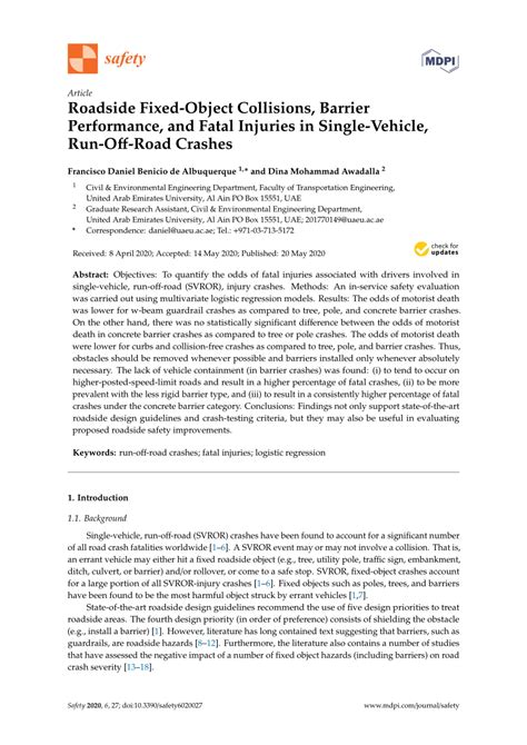 Pdf Roadside Fixed Object Collisions Barrier Performance And Fatal Injuries In Single