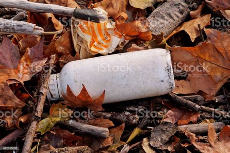 플라스틱 및 유리 병 던져 그리고 자연 쓰레기 더미에에서 왼쪽 생태 생태 재활용 산업 생태 재활용된 소재 오염 태만 환경 보호