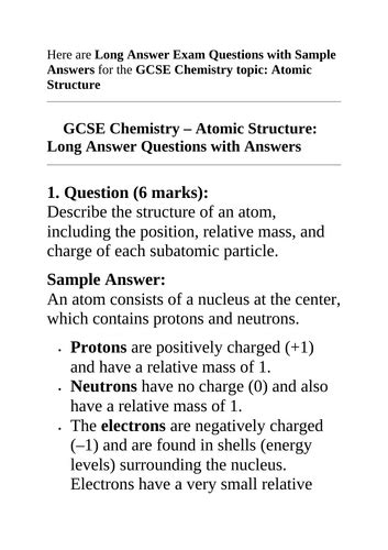 Aqa Gcse Chemistry Atomic Structure Teaching Resources