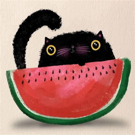 Summer Treat Black Cat Watermelon Illustration Cats Illustration