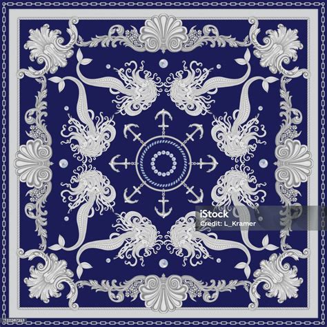 진한 파란색과 회색 배경에 벡터 숄 인쇄 유행 실버 체인과 앵커 패턴 바로크 판타지 스크롤 아름다운 인어와 진주 스카프 반다나 네커치프 실크 패치 카펫 머리 스카프에 대한