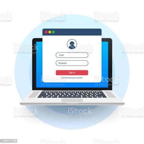 계정 사용자 권한 부여 로그인 인증 페이지 개념에 로그인합니다 화면에 로그인 및 암호 양식 페이지가있는 노트북 벡터 스톡 일러스트레이션입니다 가입서에 대한 스톡 벡터 아트