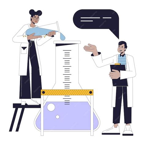 화학 실험 플랫 라인 개념 벡터 자리 그림 플라스크 2d 만화에서 액체를 혼합하는 과학자 웹 Ui 디자인 편집 가능한 격리된 색상 영웅 이미지 프리미엄 벡터