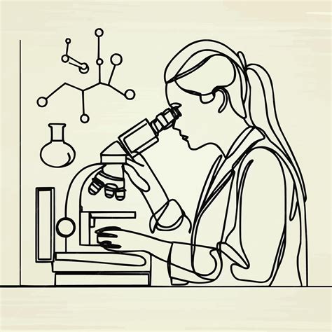 Continuous One Line Drawing Of Female Scientist Working Using Microscope Research And Science