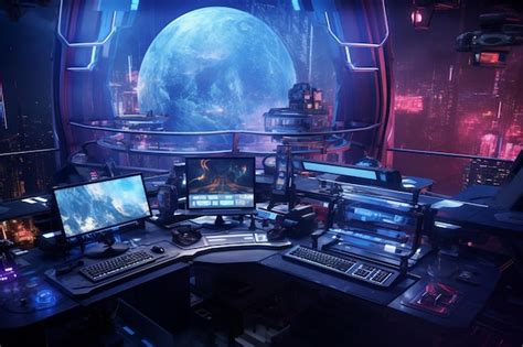 Premium Ai Image Futuristic Computer Gaming Setup Pc High Configuration With Monitors