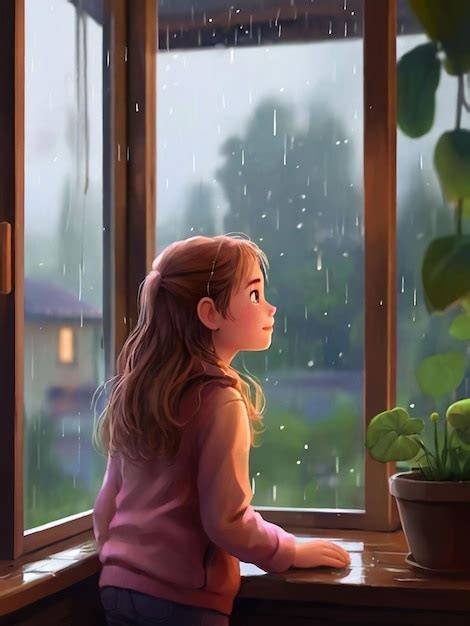 Premium Photo A Girl Is Watching The Rain Outside From The Window Of