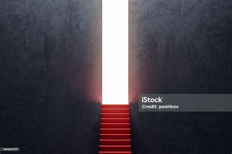 검은색 콘크리트 벽 배경에 밝은 선이 열려 있고 모형과 빨간 계단이 있다 미래 방법 및 야망 개념 3d 렌더링 0명에 대한 스톡 사진 및 기타 이미지 Istock