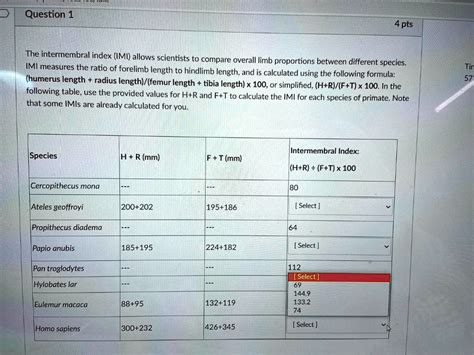 Question 1 4 Pts The Intermembral Index Imi Allows Scientists To