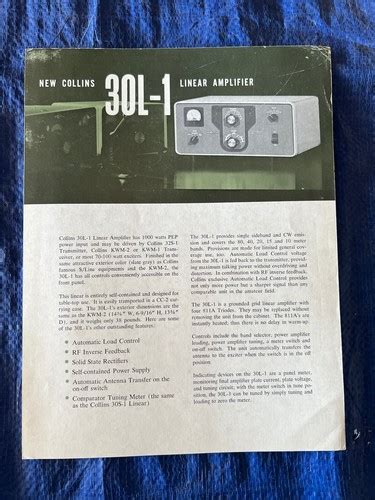Vintage 1960s Collins 30l 1 Linear Amplifier Dealer Spec Sheet Ebay