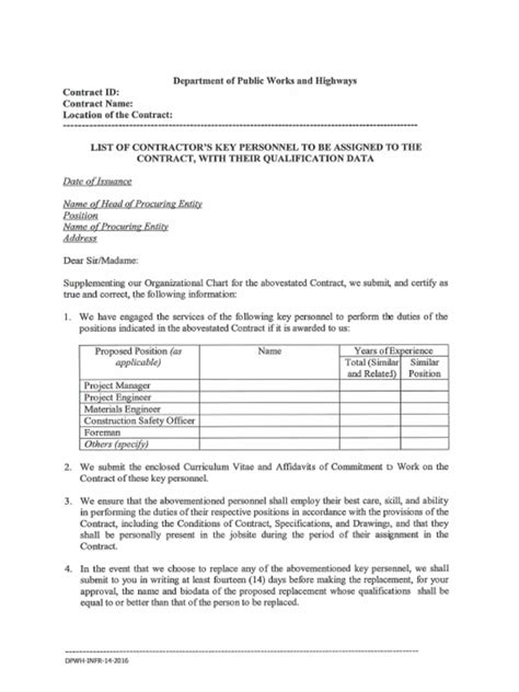 Dpwh Infr 14 List Of Contractors Key Personnel Pdf