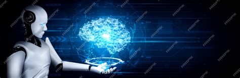 인공 지능 두뇌의 개념을 보여주는 가상 홀로그램 화면을 들고 인공 지능 인간형 로봇 프리미엄 사진