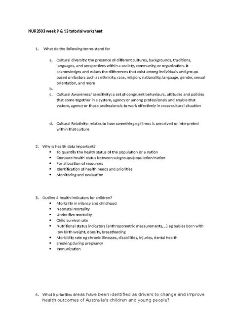 Nur3503 Week 9 And 13 Tutorial Worksheet With Suggested Answers 1 Nur3503 Week 9 And 13 Tutorial