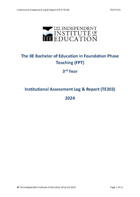 Texp7319 Te303 Institutional Assessment Log And Report Institutional