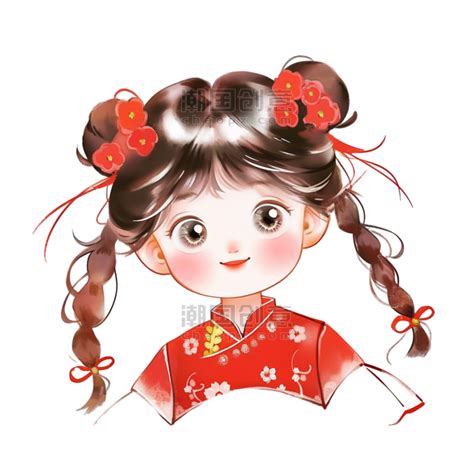 创意新年可爱女孩头像春节手绘卡通元素图片潮国创意