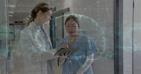 Image Of Dna Strand And Human Brain Over Diverse Doctors Stock Image Image Of Genetic Female
