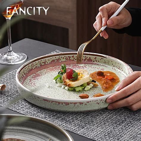FANCITY 일본 도자기 식기 가마 복고풍 스타일 얕은 접시 홈 스테이크 접시 서양 접시 샐러드 접시 크리 에이 티브 변경 디시 플레이트 AliExpress