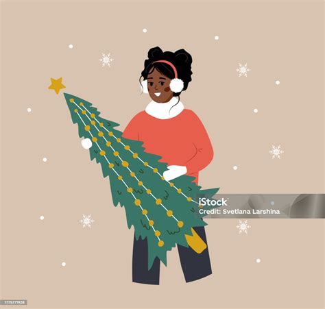 크리스마스 트리를 들고 있는 여자입니다 겨울 방학을 준비하는 아프리카 미소 짓는 소녀 박람회에서 크리스마스 전나무를 사는 사람들 새해 엽서입니다 평면 만화 스타일의 벡터
