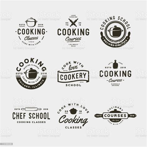 빈티지 요리 클래스 기호 집합입니다 레트로 스타일의 요리 학교 엠 블 럼 벡터 일러스트 로고에 대한 스톡 벡터 아트 및 기타