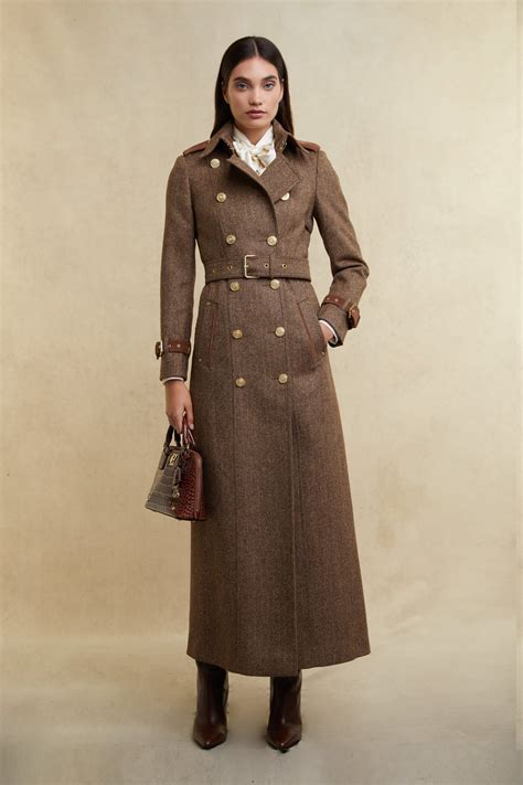 Full Length Marlborough Trench Coat Large Scale Brown Herringbone