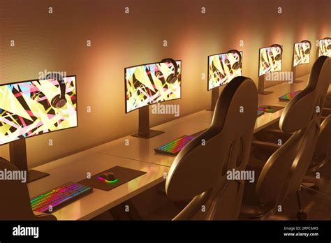 Set Of Modern Gaming PC Stations For E Sport Tournament And Multiplayer Gaming Stock Photo Alamy