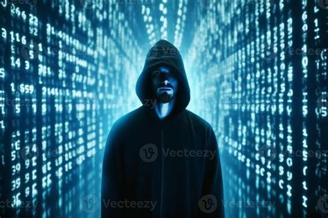 Hooded Hacker With Binary Code On A Dark Blue Background Stock Photo At Vecteezy