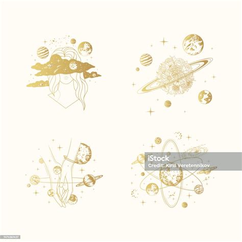 황금 천체 공간 구성 고립 된 세트 포스터와 인사말 카드에 대 한 신비한 행성 은하 별 및 태양계의 네 손으로 그린 벡터 삽화 개체 그룹에 대한 스톡 벡터 아트 및 기타