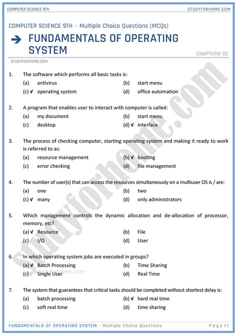 Fundamentals Of Operating System Mcqs Computer Science 9th