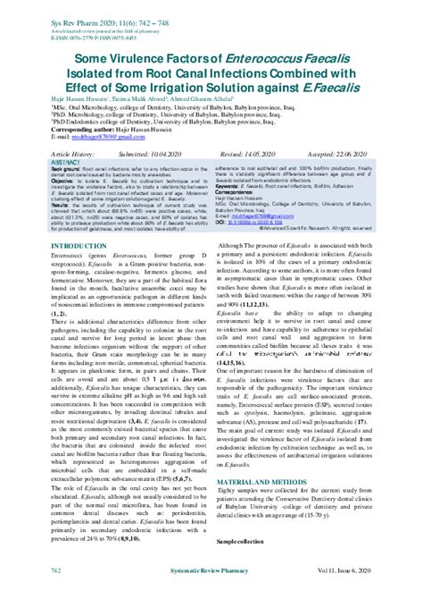 Pdf Some Virulence Factors Of Enterococcus Faecalis Isolated From Root Canal Infections