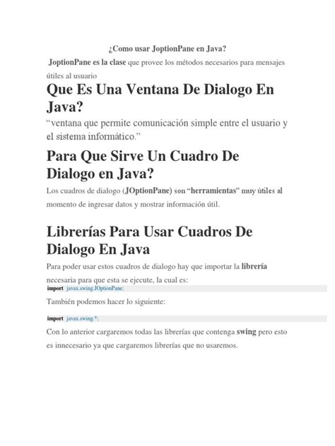 Como Usar Joptionpane En Java Pdf Java Lenguaje De Programación