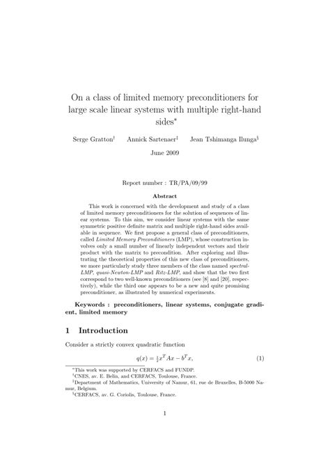 Pdf On A Class Of Limited Memory Preconditioners For Large Scale Linear Systems With Multiple