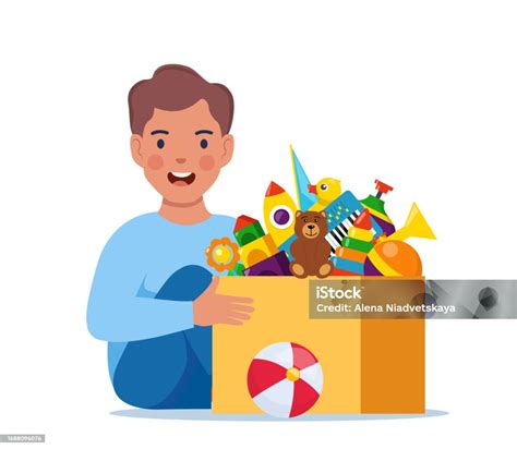 장난감으로 가득 찬 장난감 상자를 들고 있는 행복한 소년 아이 큐브 소용돌이 오리 공 딸랑이 피라미드 파이프 곰 공 로켓 탬버린 보트 벡터 그림입니다 곰에 대한 스톡 벡터