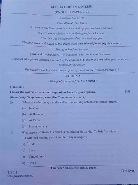 Icse Class 10 English Literature Question Paper 2024 With Answer Key Download Pdf