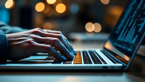 person typing on a laptop computer with data displayed on screen stock