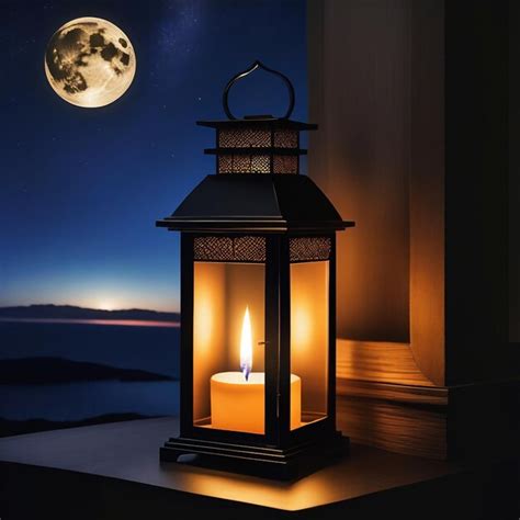 Premium Photo Lantern With Burning Candle And Night Sky With Waning
