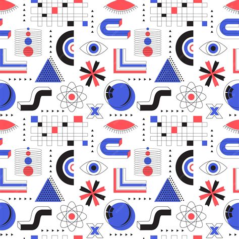 추상적인 기하학적 요소와 대담한 모양을 가진 원활한 패턴 브루탈리즘 레트로 퓨처리즘 스타일에서 영감을 얻은 원 파동 격자 화살 웹 포스터를 위한 배경 터 백색 배경