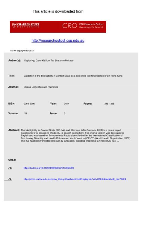 pdf validation of the intelligibility in context scale as a screening