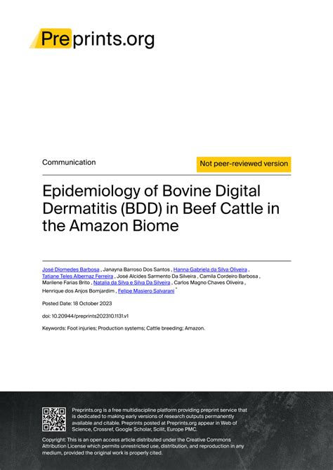 Pdf Epidemiology Of Bovine Digital Dermatitis Bdd In Beef Cattle In