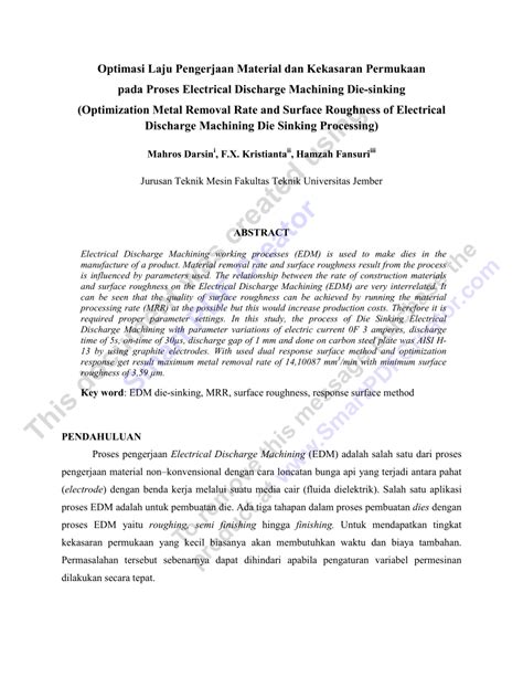 Pdf Optimization Metal Removal Rate And Surface Roughness Of