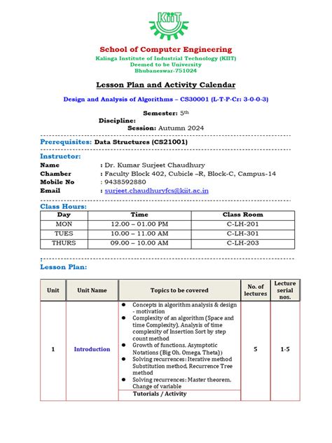 Autumn 2024 Cs30001 Daa Complete Lesson Plan Section Csse 2 Pdf