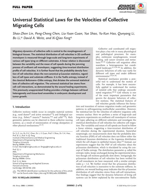 Pdf Universal Statistical Laws For The Velocities Of Collective Migrating Cells
