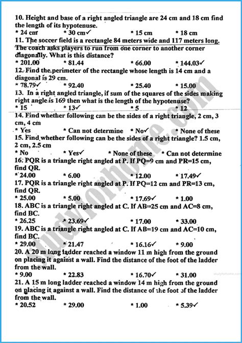 Solved Mcqs Pythagoras Theorem Mathematics 10th